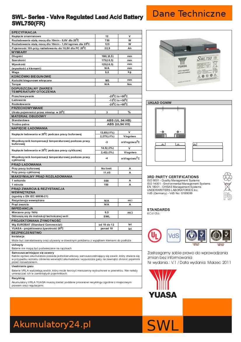 YUASA 12 VOLT 24 AMPER VRLA KURU AKÜ SWL750
